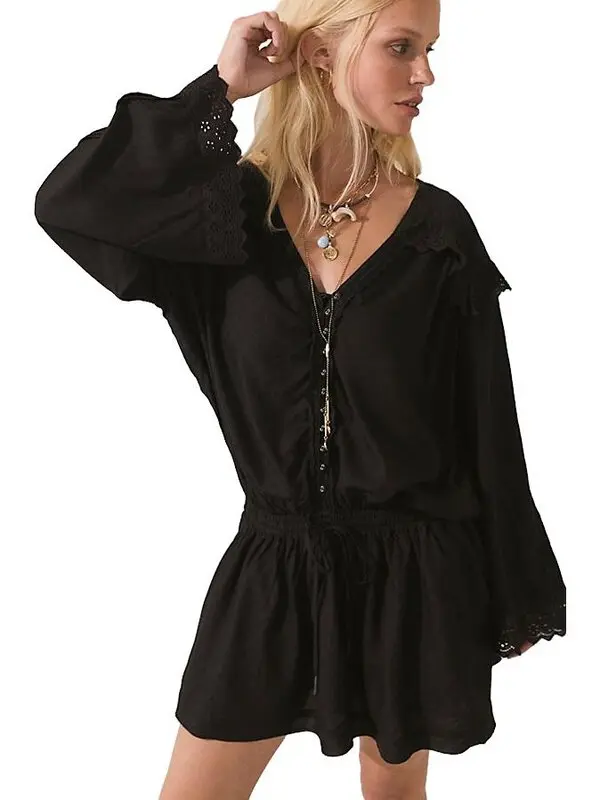 Free People Happy All The Time Mini Dress With Lace Trim - Washed Black