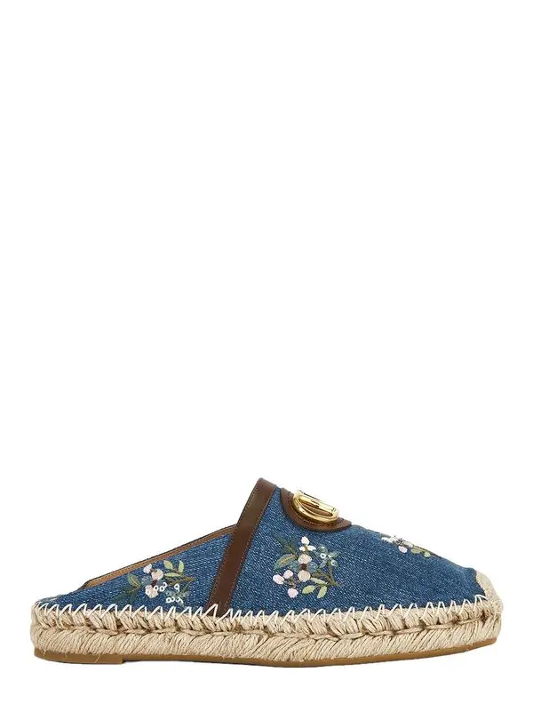 Valentino Garavani V Logo Signature Mule Espadrilles - Denim Multicolor  Tabac Brown  & Natural