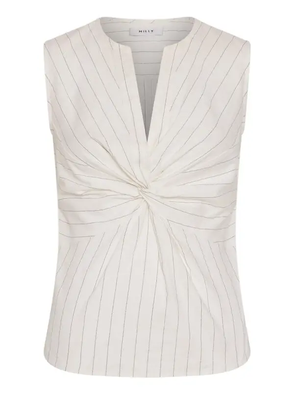 MILLY Meadow Pinstripe Sleeveless Twist-front Linen Top - White/black