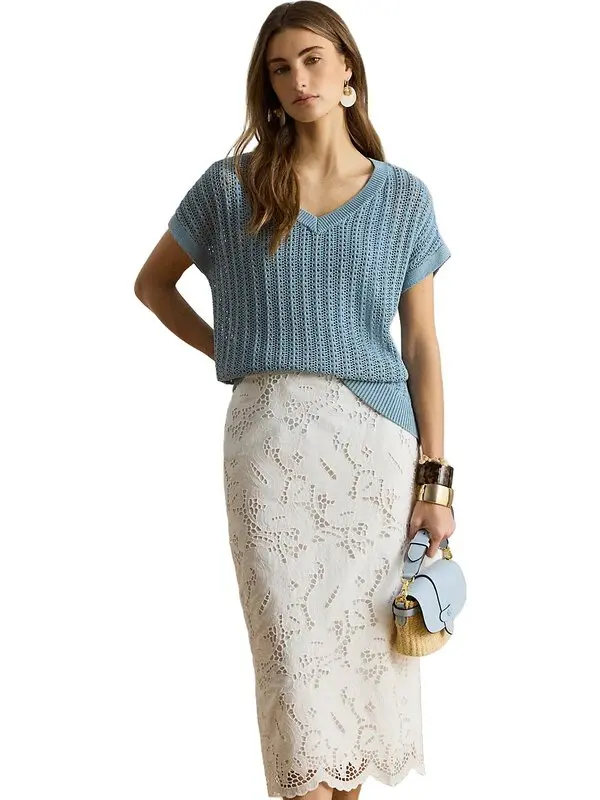 Ralph Lauren Paisley Eyelet Cotton Midi Pencil Skirt - White