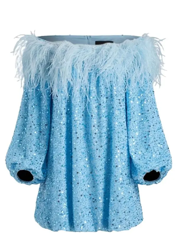 GLAM ON YOU Off-the-shoulder Sequin And Feather Dress - Blue