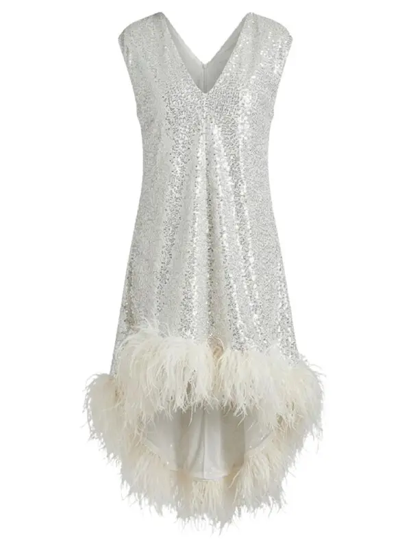 GLAM ON YOU Ayla Feather Trimmed Sequin Gown - White