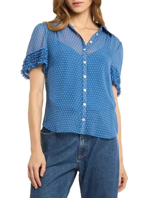 Cinq À Sept Galea Polka Dot Sheer Button-up Top - Twilight Bay/ivory