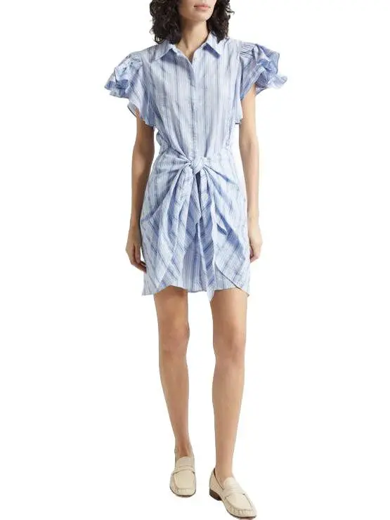 Cinq À Sept Striped Ruffle Sleeve Mini Shirt Dress With Tie Waist - Blue Multi