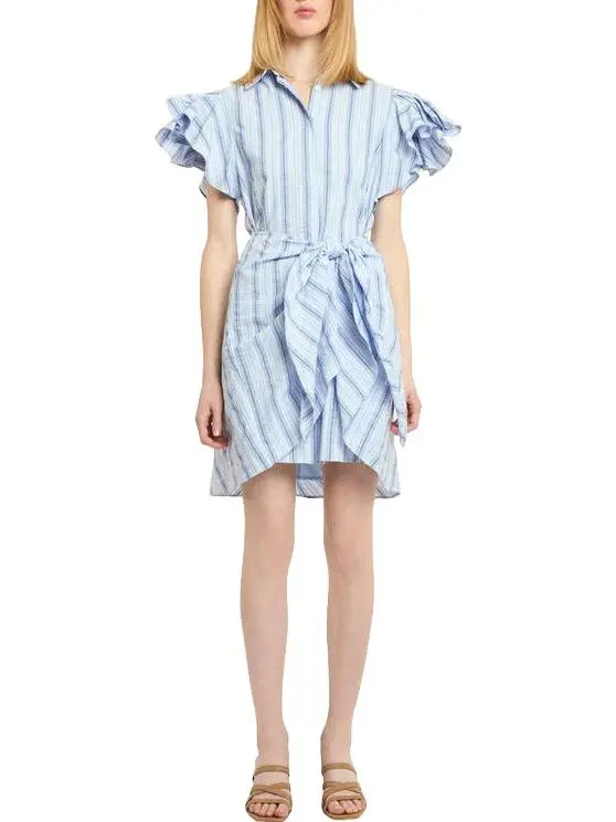 Cinq À Sept Striped Ruffle Sleeve Mini Shirt Dress With Tie Waist - Blue Multi
