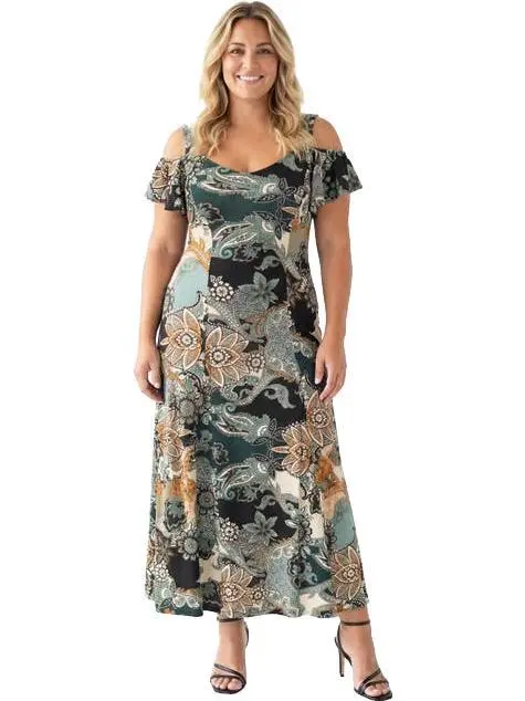 24SEVEN COMFORT APPAREL Paisley Print Cold Shoulder Maxi Dress - Green Multi