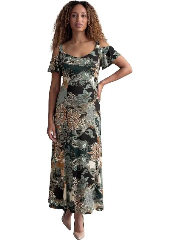 24SEVEN COMFORT APPAREL Maternity Paisley Print Cold Shoulder Ruffle Sleeve Maxi Dress - Green Multi
