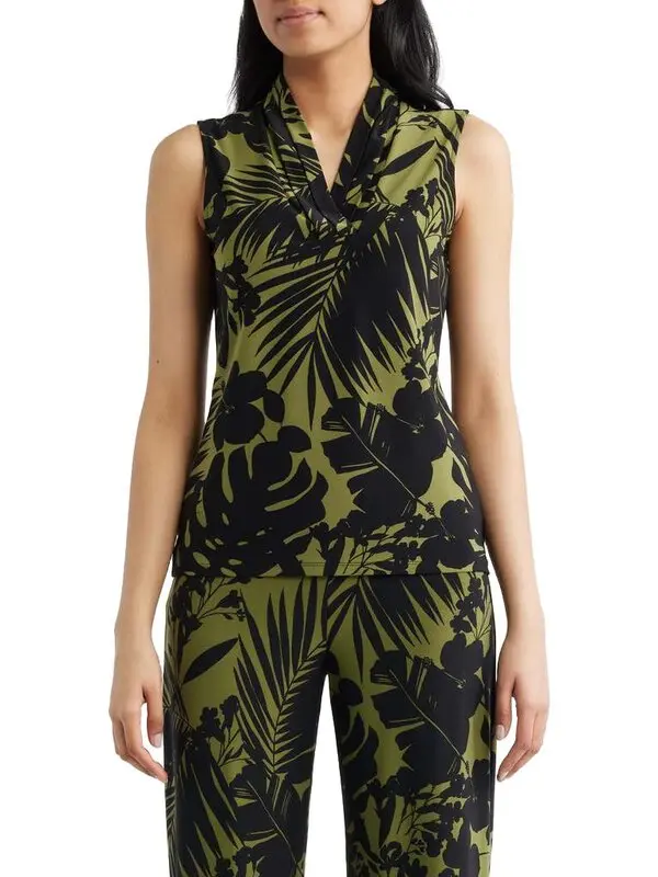 Anne Klein Two-tone Tropical Print Sleeveless V-neck Top - Bay Leaf Multi