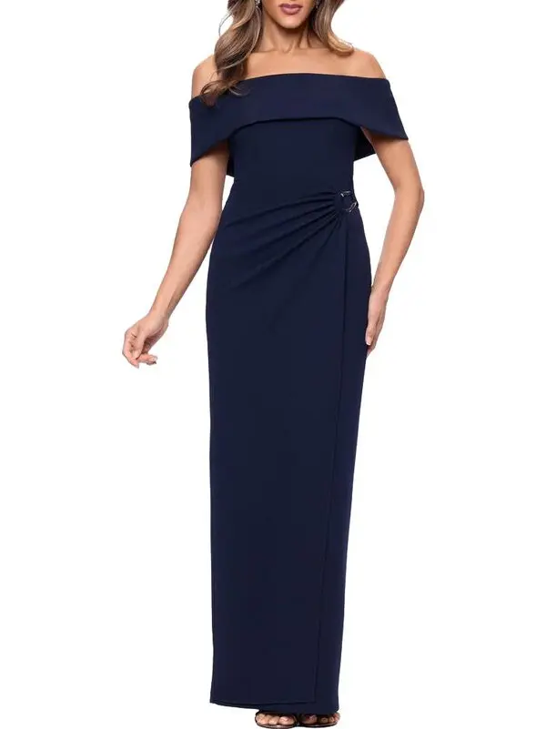 XSCAPE EVENINGS Off-the-shoulder Scuba Crepe Gown With Hardware Detail - Navy