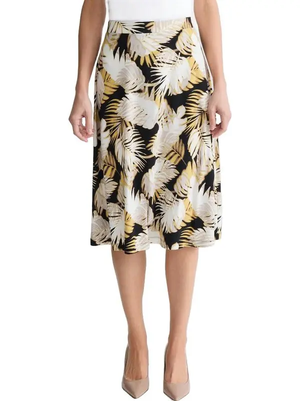 KASPER Palm Print Knit Midi Skirt - Black Multi