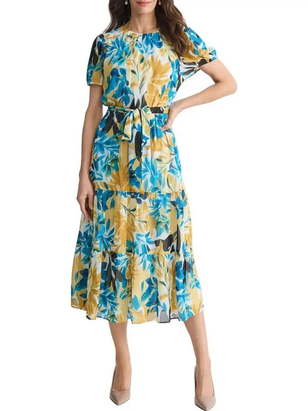 KASPER Floral Tiered Midi Dress - Butterscotch Multi