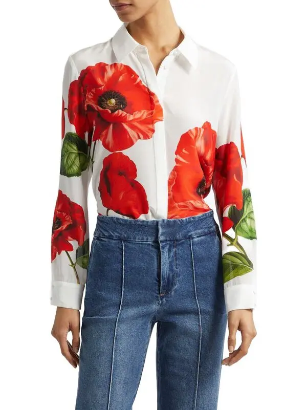 Alice + Olivia Willa Floral Print Silk Button-up Shirt - Summer Poppy