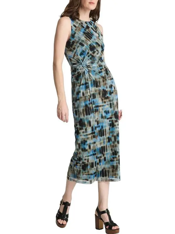 KENNETH COLE Abstract Print Side Ruched Mesh Dress - Lake Blue Multi