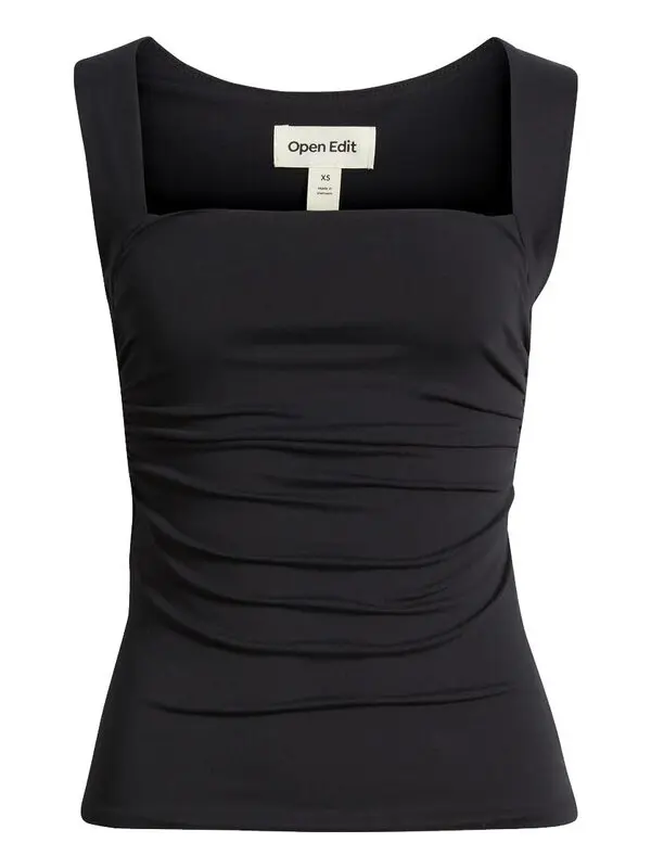OPEN EDIT Ruched Square Neck Tank - Black