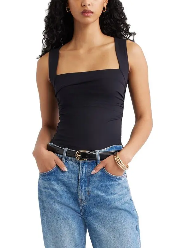 OPEN EDIT Ruched Square Neck Tank - Black