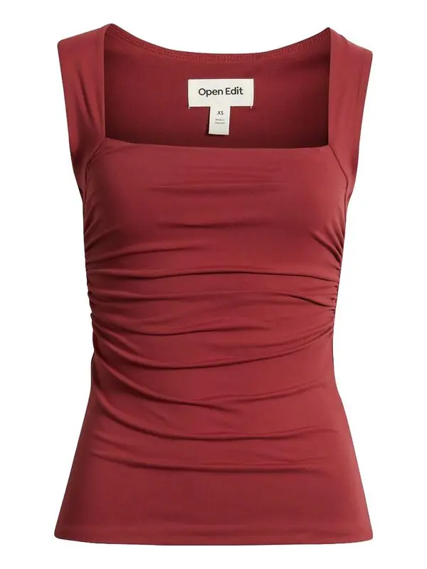 OPEN EDIT Ruched Square Neck Tank - Red Ruby