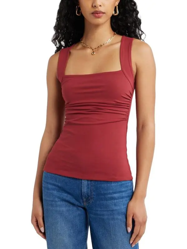 OPEN EDIT Ruched Square Neck Tank - Red Ruby