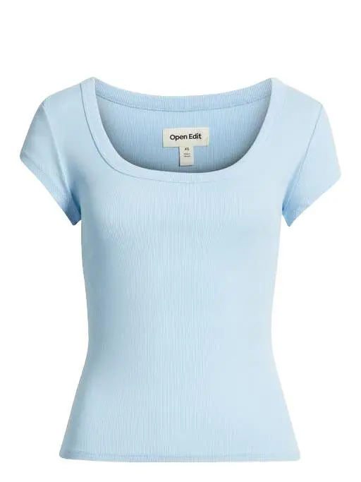 OPEN EDIT Scoop Neck Stretch Cotton T-shirt - Blue Cerulean