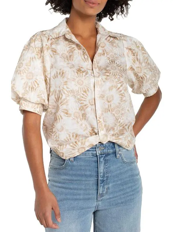 LIVERPOOL Floral Print Puff Sleeve Shirt - Tan White Floral