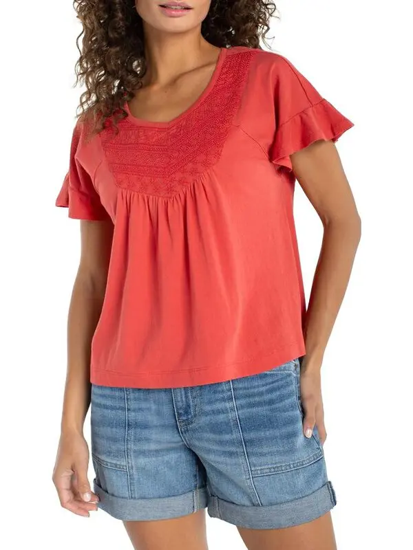 LIVERPOOL Embroidered Yoke Flutter Sleeve Top - Red Clay