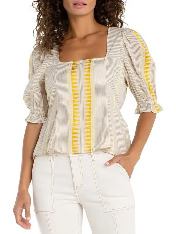 LIVERPOOL Embroidered Puff Sleeve Shirt With Open Back - Cream Brown Stripe