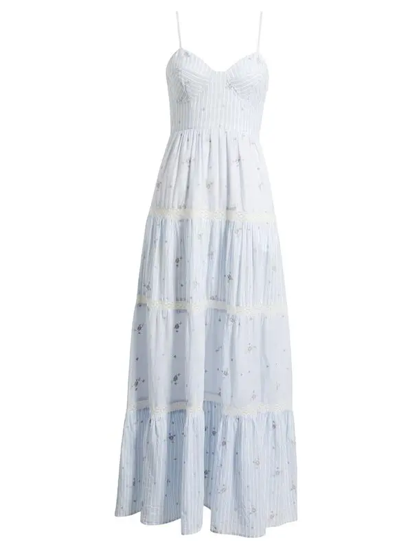 LoveShackFancy Story Mixed Stripe Floral Cotton Maxi Dress - Sky Mist