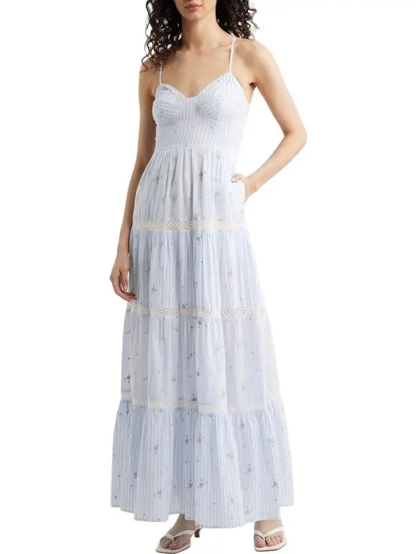LoveShackFancy Story Mixed Stripe Floral Cotton Maxi Dress - Sky Mist