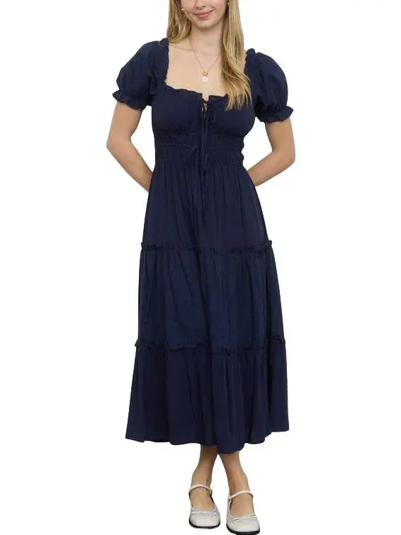 BLU PEPPER Tiered Maxi Dress With Puff Sleeves And Eyelet Details - Navy
