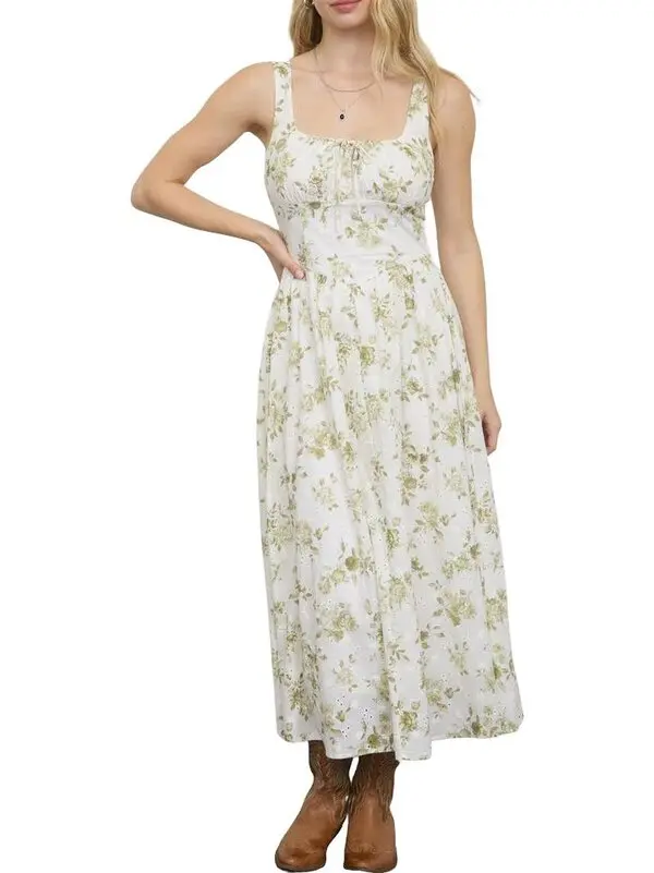 BLU PEPPER Sleeveless Eyelet Floral Maxi Dress - Olive