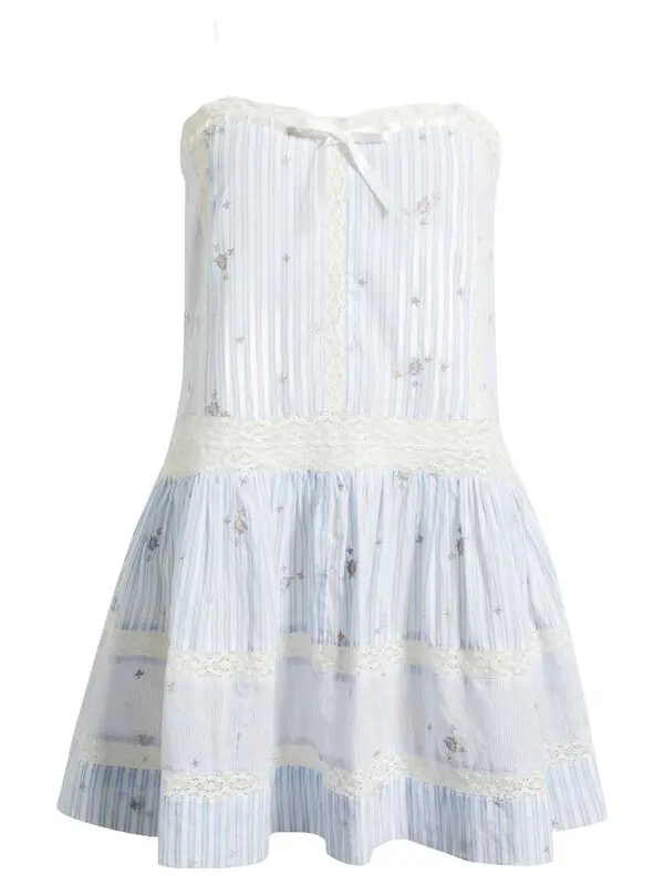 LoveShackFancy Vionett Floral Mixed Stripe Cotton Babydoll Dress - Sky Mist