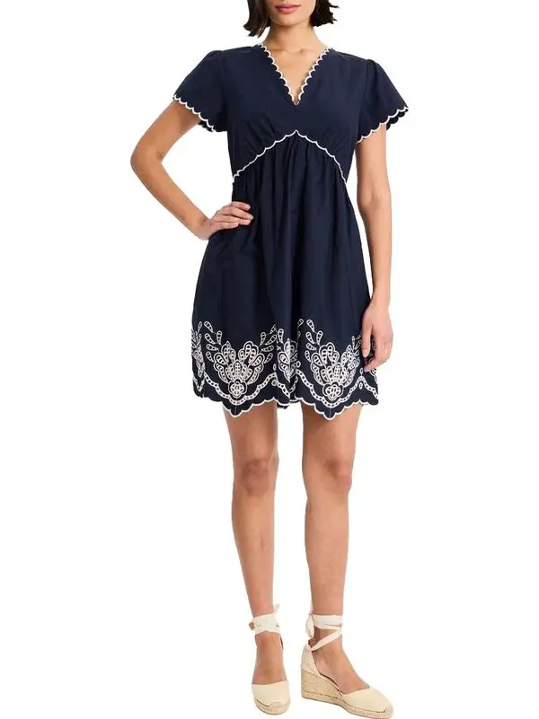 Maggy London V-neck Embroidered Cotton Mini Dress - Navy Blazer