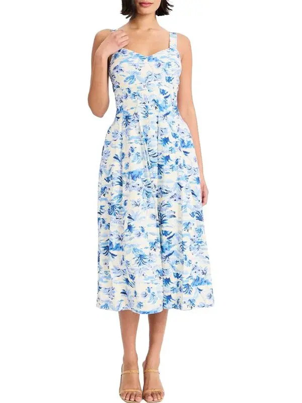 Maggy London Sleeveless Linen Blend Midi Dress - Cream/blue