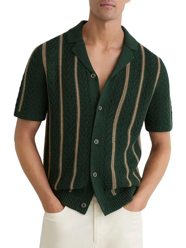 REISS Ellingham Textured Stripe Camp Collar Cardigan - Forest Green