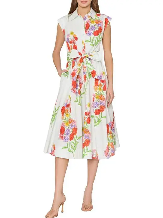 MILLY Jules Paris Bouquet Belted Midi Dress - White Multi