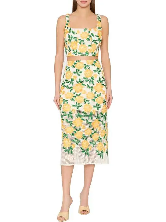 MILLY Marta Floral Embroidery Midi Skirt - Yellow/green