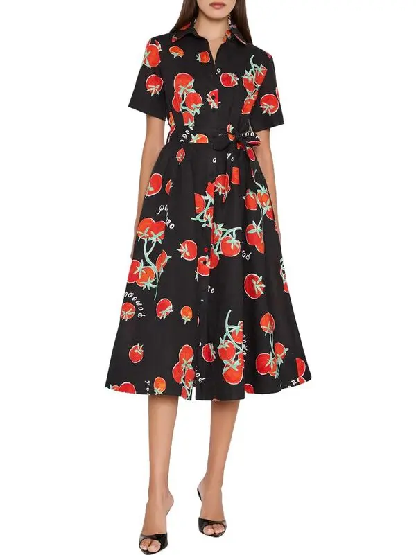 MILLY Lexi Tomato Print Midi Shirt Dress - Black/red