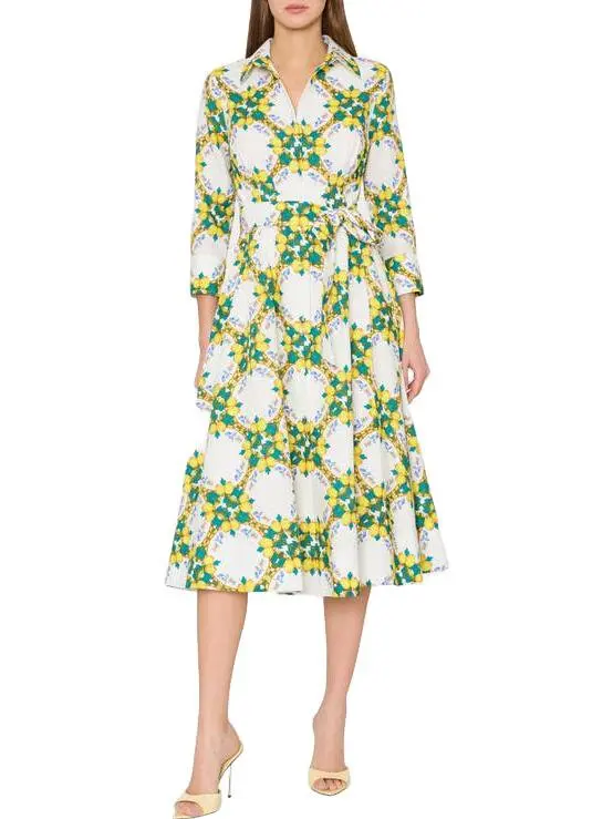 MILLY Lexi Print Tie Waist Midi Shirtdress - Yellow Multi