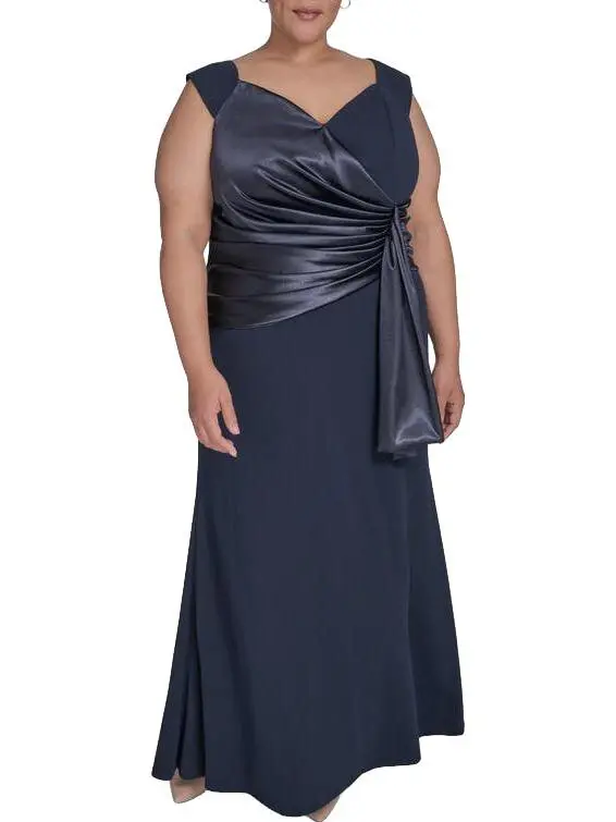 Eliza J Mixed Media Gown With Draped Detail - Navy