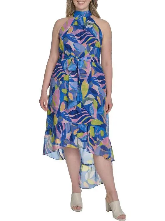Eliza J Sleeveless High-neck Floral High-low Dress - Blue Multi