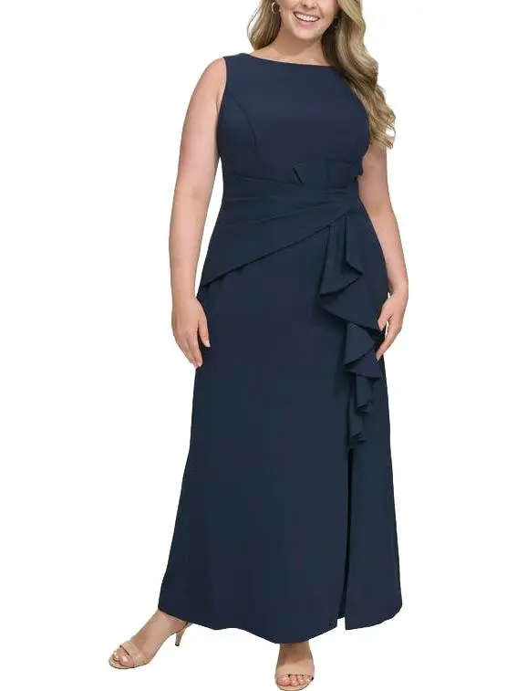 Eliza J Sleeveless Cascade Ruffle Gown - Navy