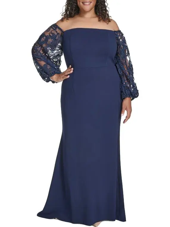 Eliza J Off-the-shoulder Gown With Sequined Lace Sleeves - Navy