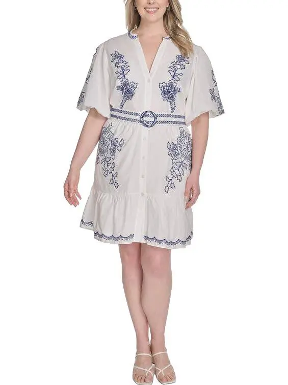 Eliza J Embroidered Short Sleeve Cotton Shirtdress - Ivory Blue