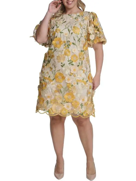 Eliza J Embroidered Floral Appliqué Cocktail Dress - Lemon Multi