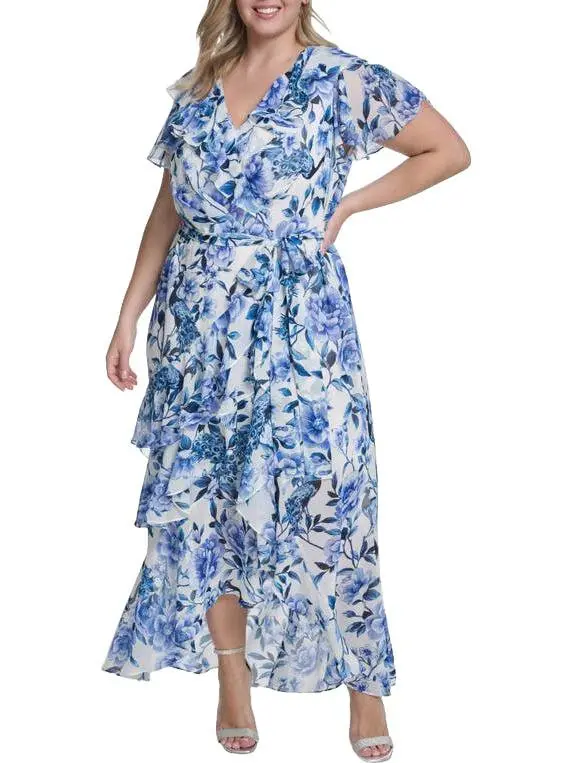 Eliza J Floral Ruffle Maxi Dress - Ivory Blue