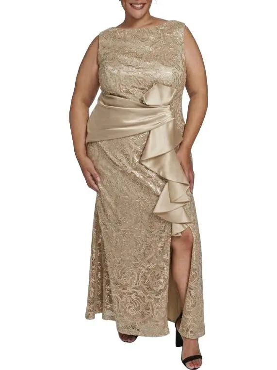 Eliza J Sleeveless Sequin Gown With Ruffled Detail - Champagne