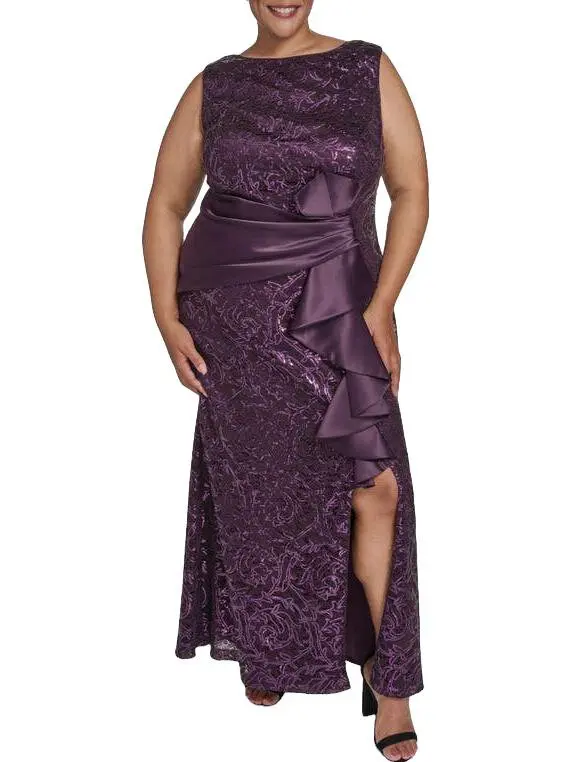 Eliza J Sleeveless Sequin Gown With Ruffled Detail - Plum