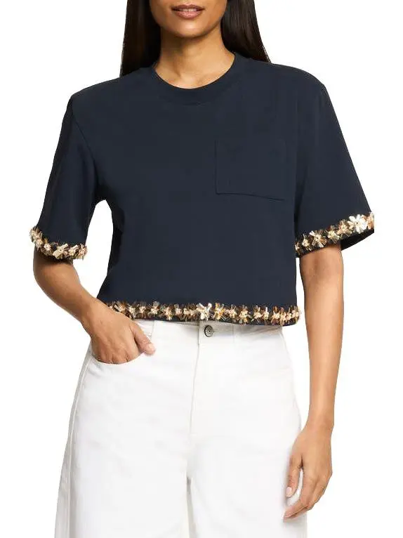 Cinq À Sept Crystal Embellished Cotton Top - Navy