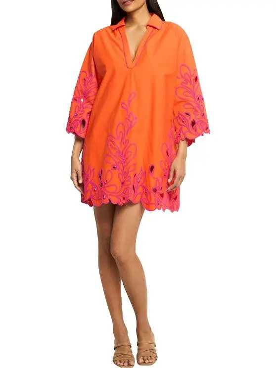 Cinq À Sept Embroidered Paisley Bloom Cotton Mini Dress - Bright Clementine/azalea