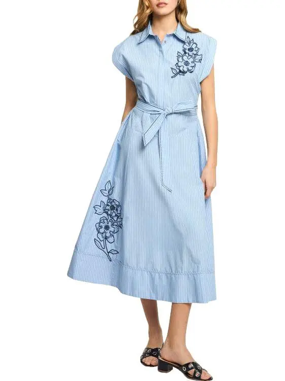 Cinq À Sept Callie Floral Appliqué Stripe Midi Shirtdress - Blue Wisteria Multi