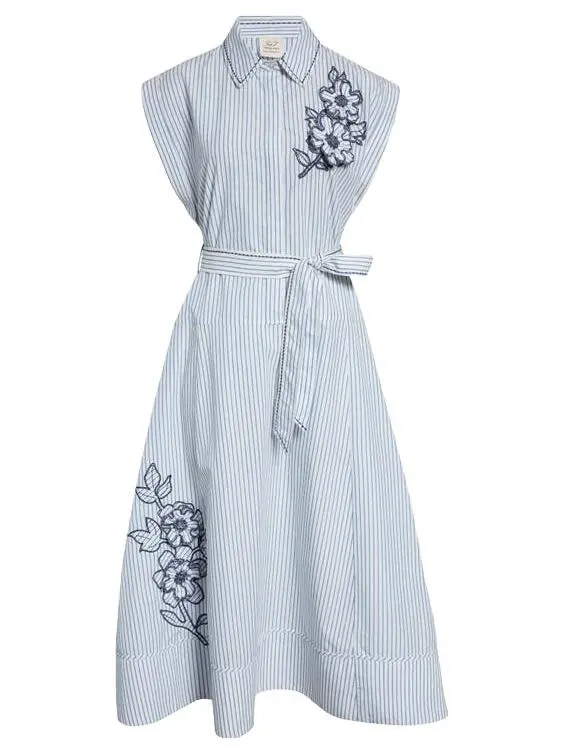 Cinq À Sept Callie Floral Appliqué Stripe Midi Shirtdress - White Multi